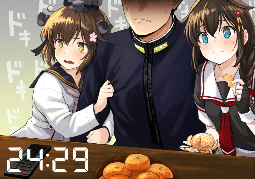 Safebooru - 1boy 2girls admiral (kancolle) admiral (kantai collection) ahoge bangs black gloves ...