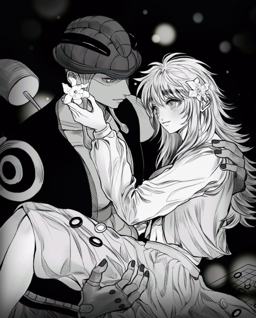 Safebooru - 1boy 1girl carrying flower greyscale hetero highres hunter ...