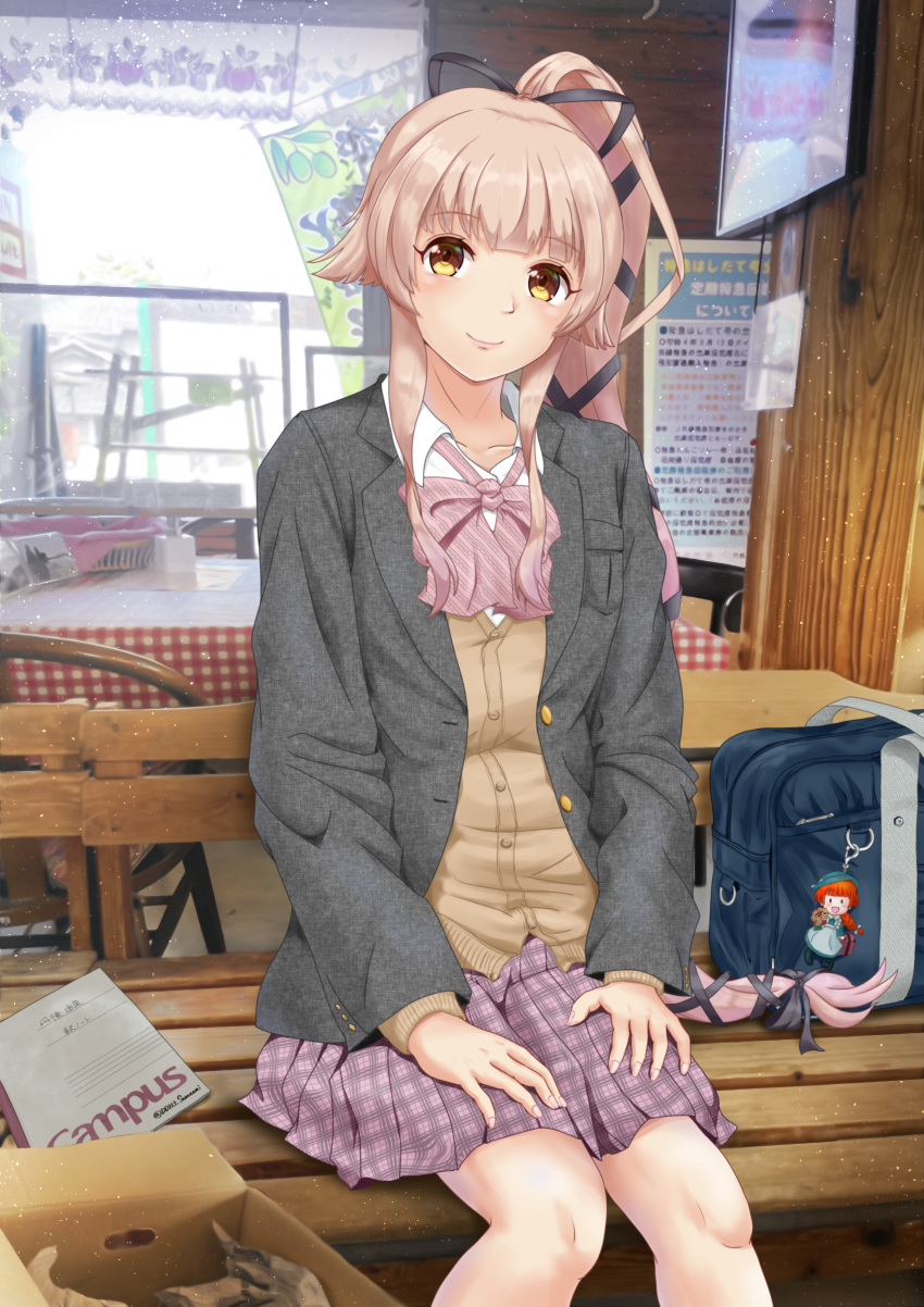 Safebooru - 1girl absurdres alternate costume bag blazer bow bowtie brown cardigan brown eyes ...