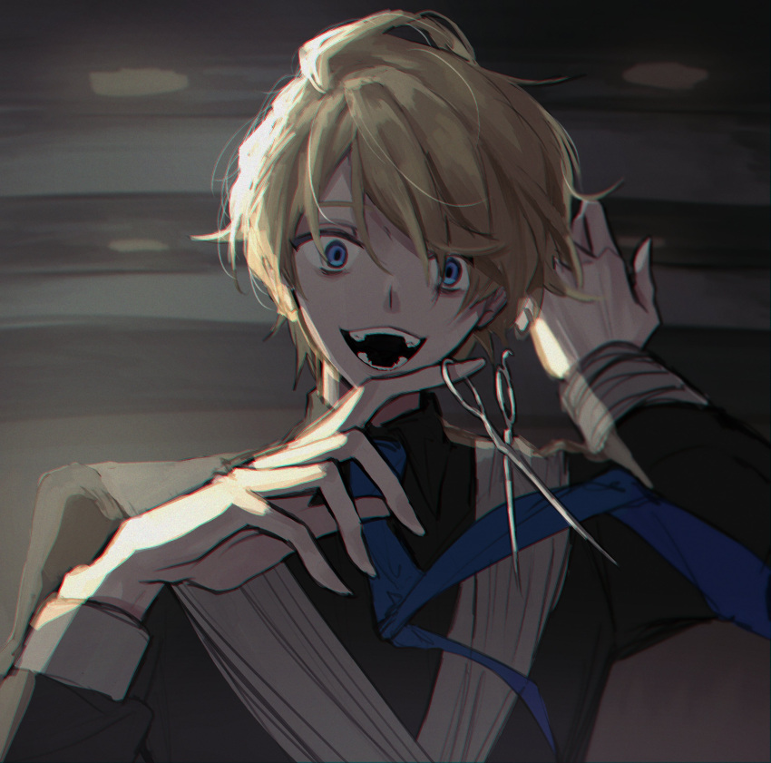 Safebooru - 1boy :d absurdres bandaged arm bandages black shirt blonde hair blue eyes blue ...