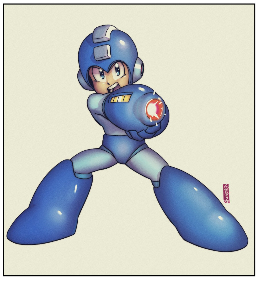 Safebooru - 1boy aiming arm cannon blue eyes border full body helmet ...