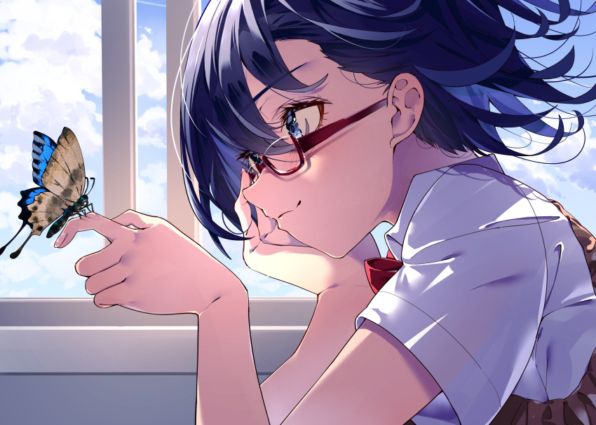 Safebooru - 1girl absurdres blue eyes blue hair blue sky bow bowtie bug ...