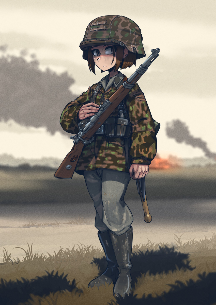 Safebooru - 1girl absurdres battle rifle bolt action boots brown hair ...