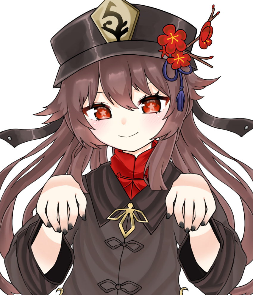 Safebooru - >:) 1girl bangs black headwear black jacket black nails brown hair closed mouth ...