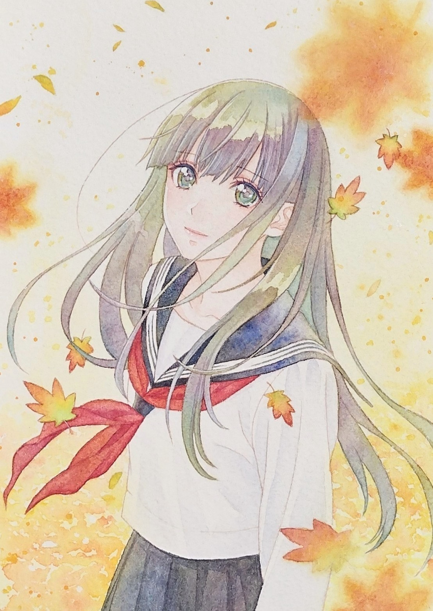 Safebooru - 1girl autumn autumn leaves black skirt day highres k.nishiyama leaf light brown hair ...