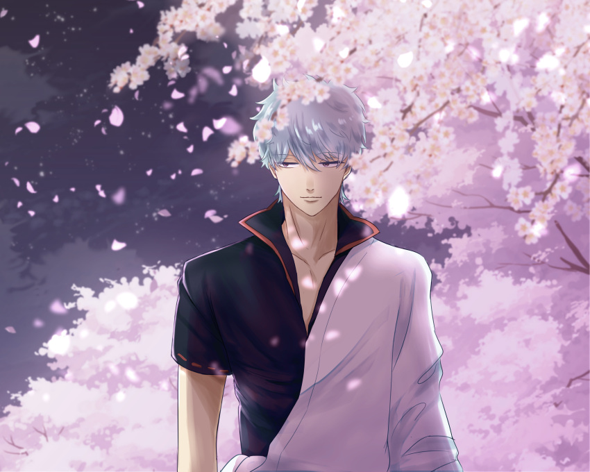 Safebooru - 1boy absurdres cherry blossoms closed mouth falling petals flower fusizennna 3310 ...