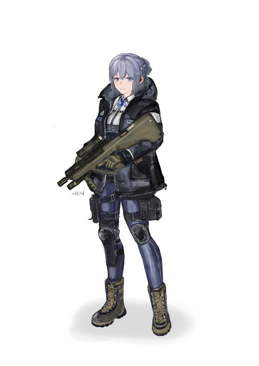 Safebooru - 1girl absurdres artist name assault rifle bangs black jacket blue pants boots braid ...