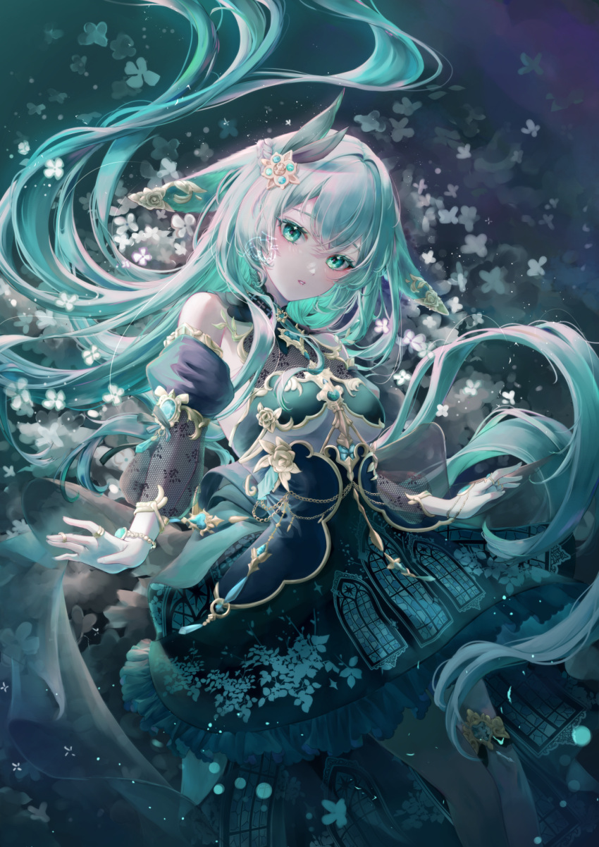 Safebooru - 1girl aqua eyes aqua hair black dress black sleeves bracelet cloud9 depths (vtuber ...
