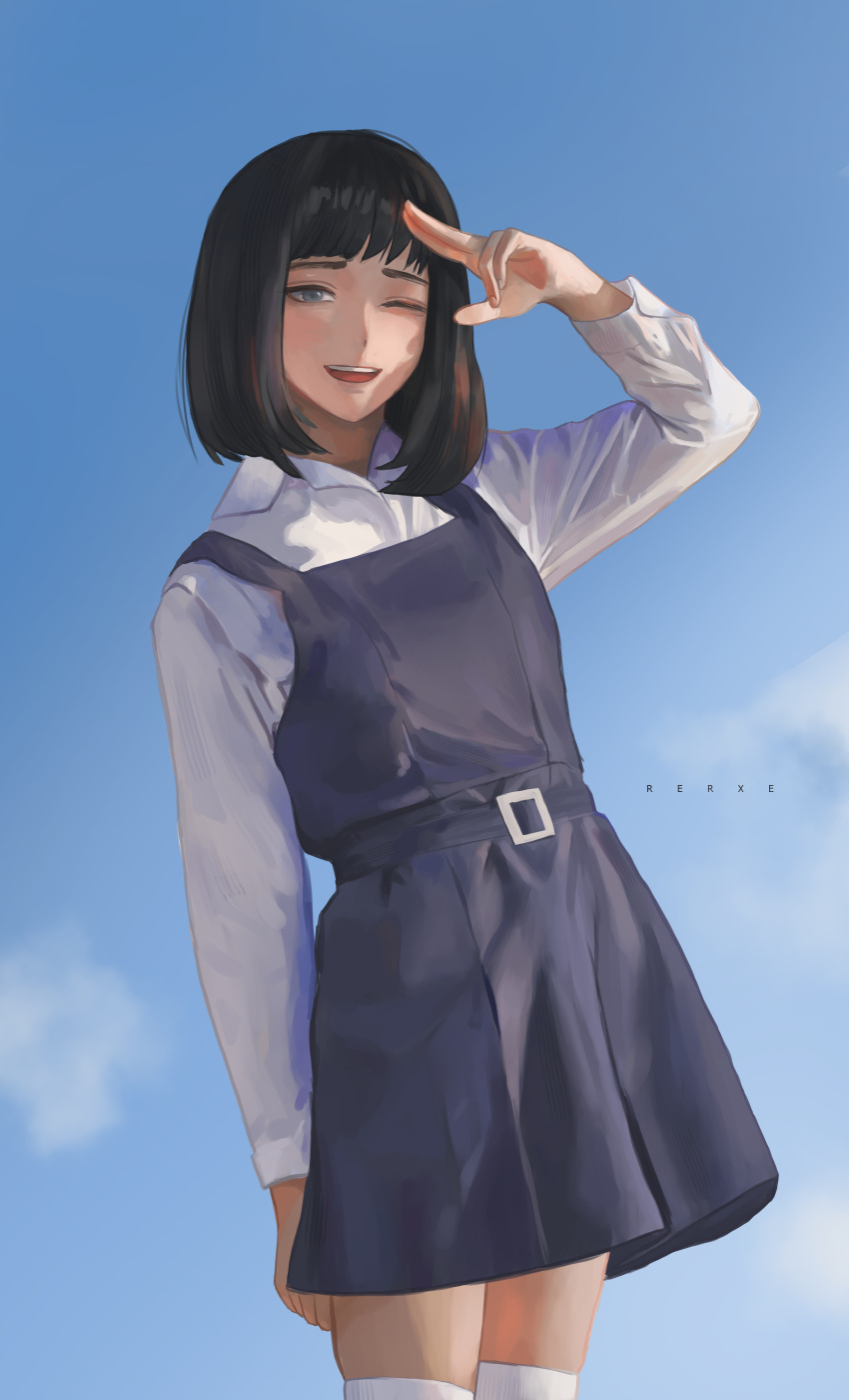 Safebooru - 1girl absurdres artist name bangs belt black hair blue dress blue eyes dress hand up ...