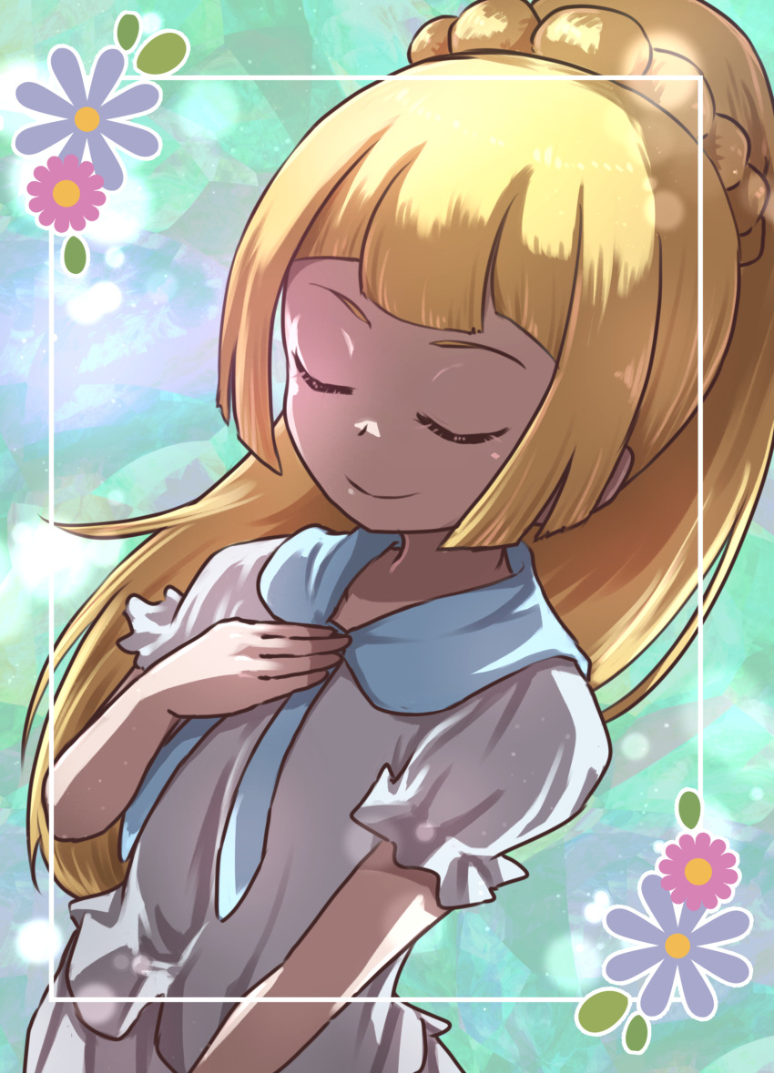 Safebooru - 1girl absurdres bangs blonde hair blunt bangs closed eyes closed mouth dress flower ...