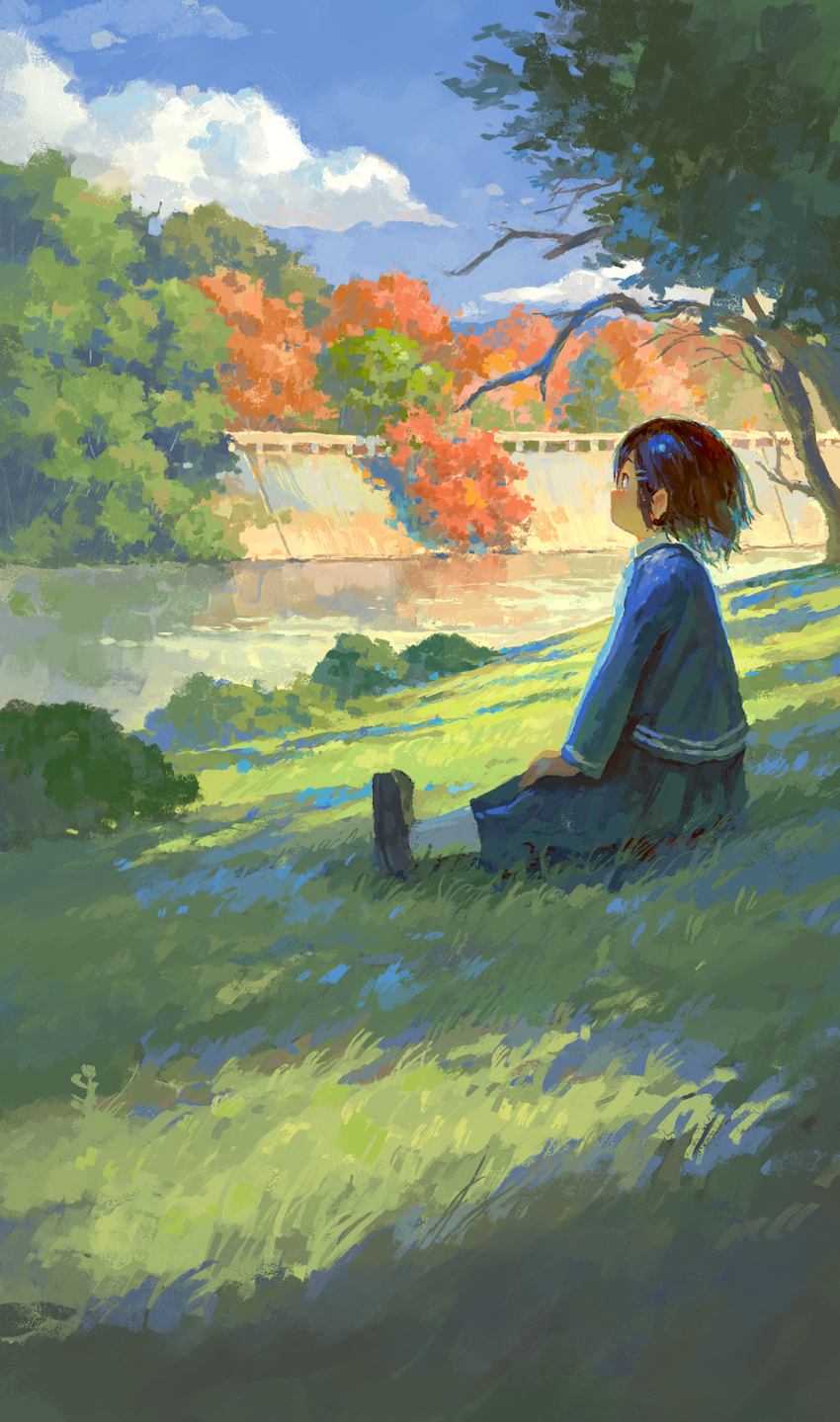 Safebooru - 1girl blue shirt blue skirt brown hair cloud clouds day fjsmu grass highres loafers ...