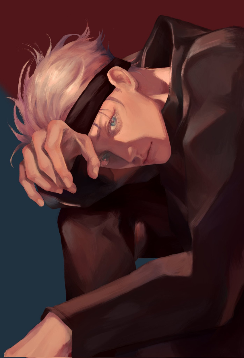 Safebooru - 1boy 3aem black blindfold black jacket black pants blindfold blue background blue ...