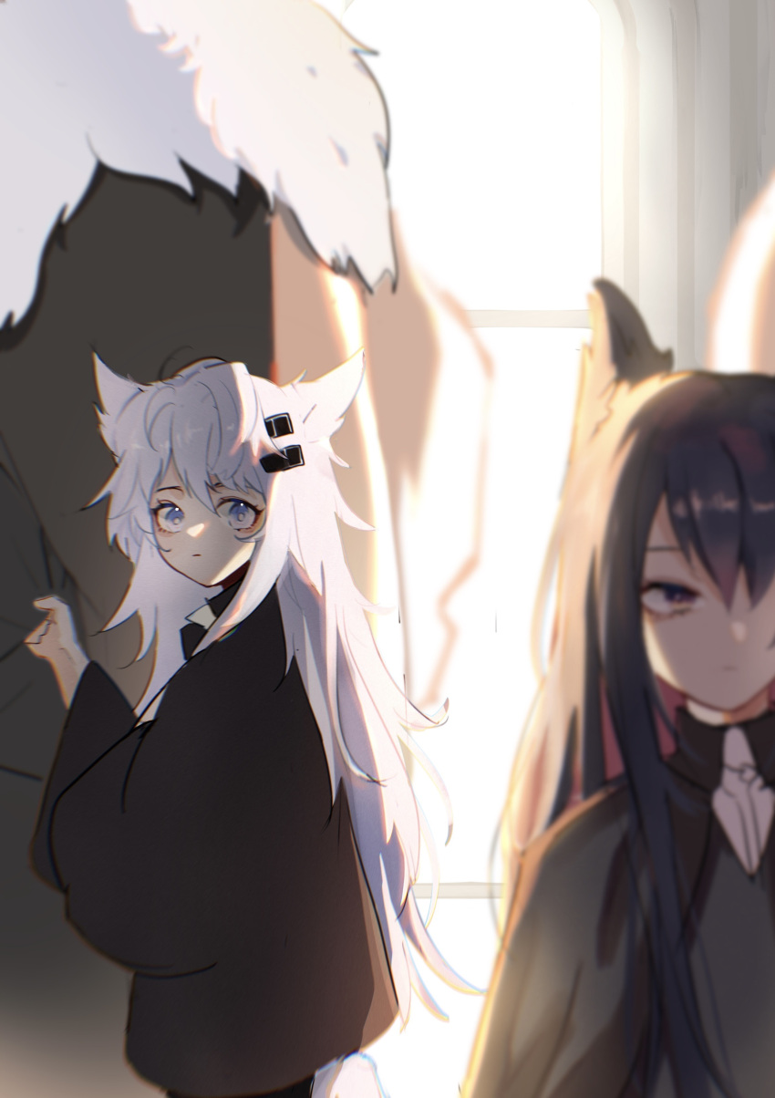 Safebooru - 2girls absurdres aged down animal ears arknights backlighting bangs black coat black ...