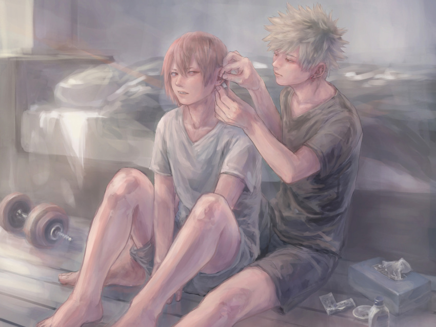 Safebooru 2boys Bakugou Katsuki Barefoot Bed Black Shorts Blonde Hair 4489
