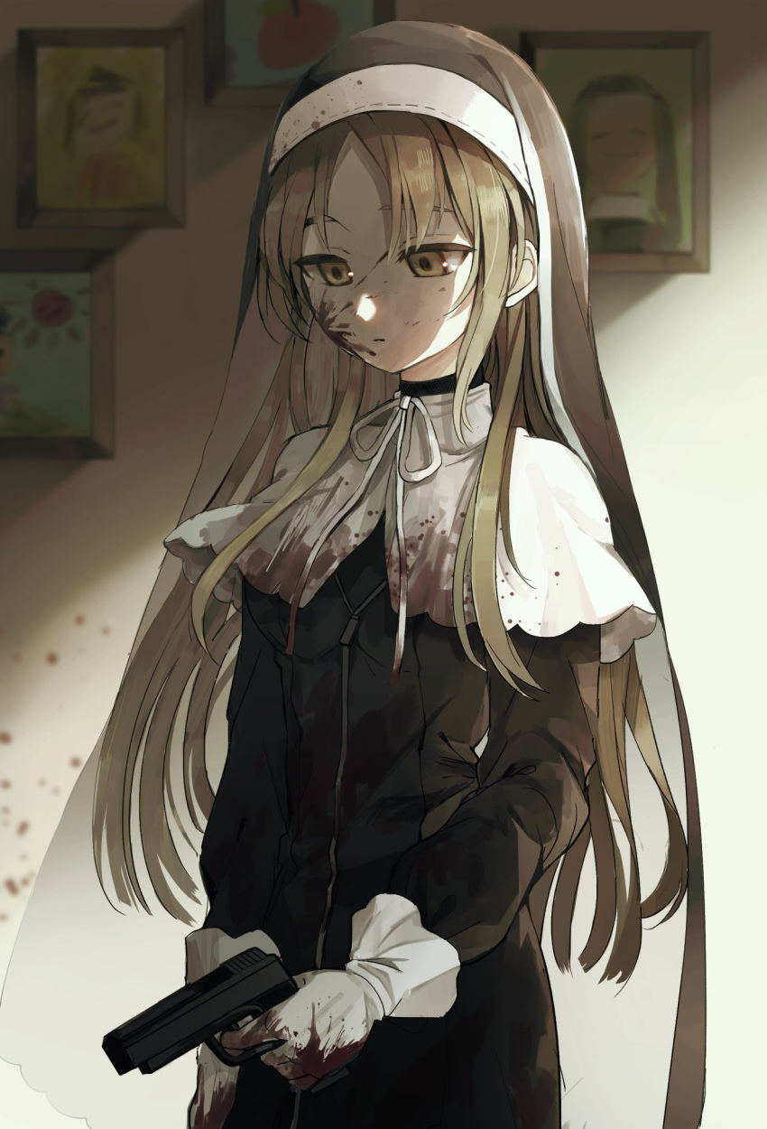 Safebooru - 1girl bangs black dress blood brown eyes closed mouth dress expressionless gloves ...