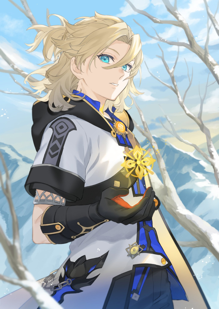 Safebooru - 1boy albedo (genshin impact) aqua eyes bangs bare tree blonde hair blue shirt branch ...