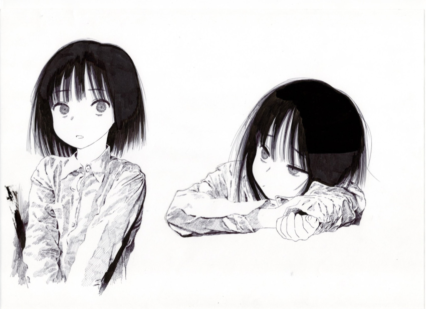 Safebooru - 1girl :/ collared shirt cropped torso greyscale head rest ...
