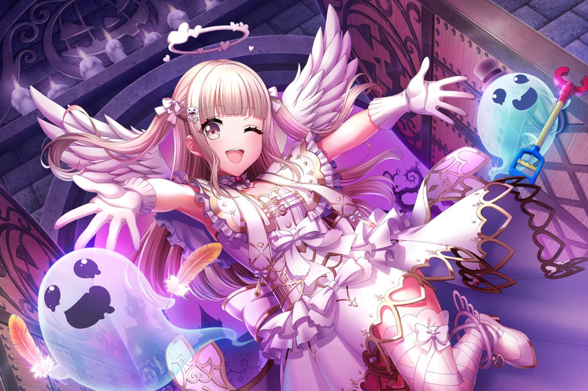 Safebooru - 1girl blush d4dj dress gloves grey eyes grey hair long hair one eye closed open ...