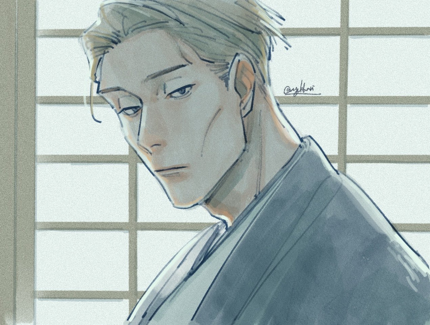 Safebooru - 1boy blonde hair blue eyes grey kimono japanese clothes ...