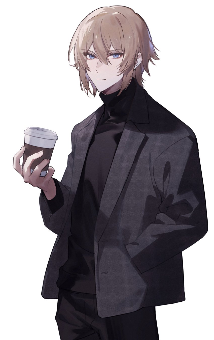Safebooru - 1boy absurdres black coat black pants black sweater blonde hair blue eyes closed ...