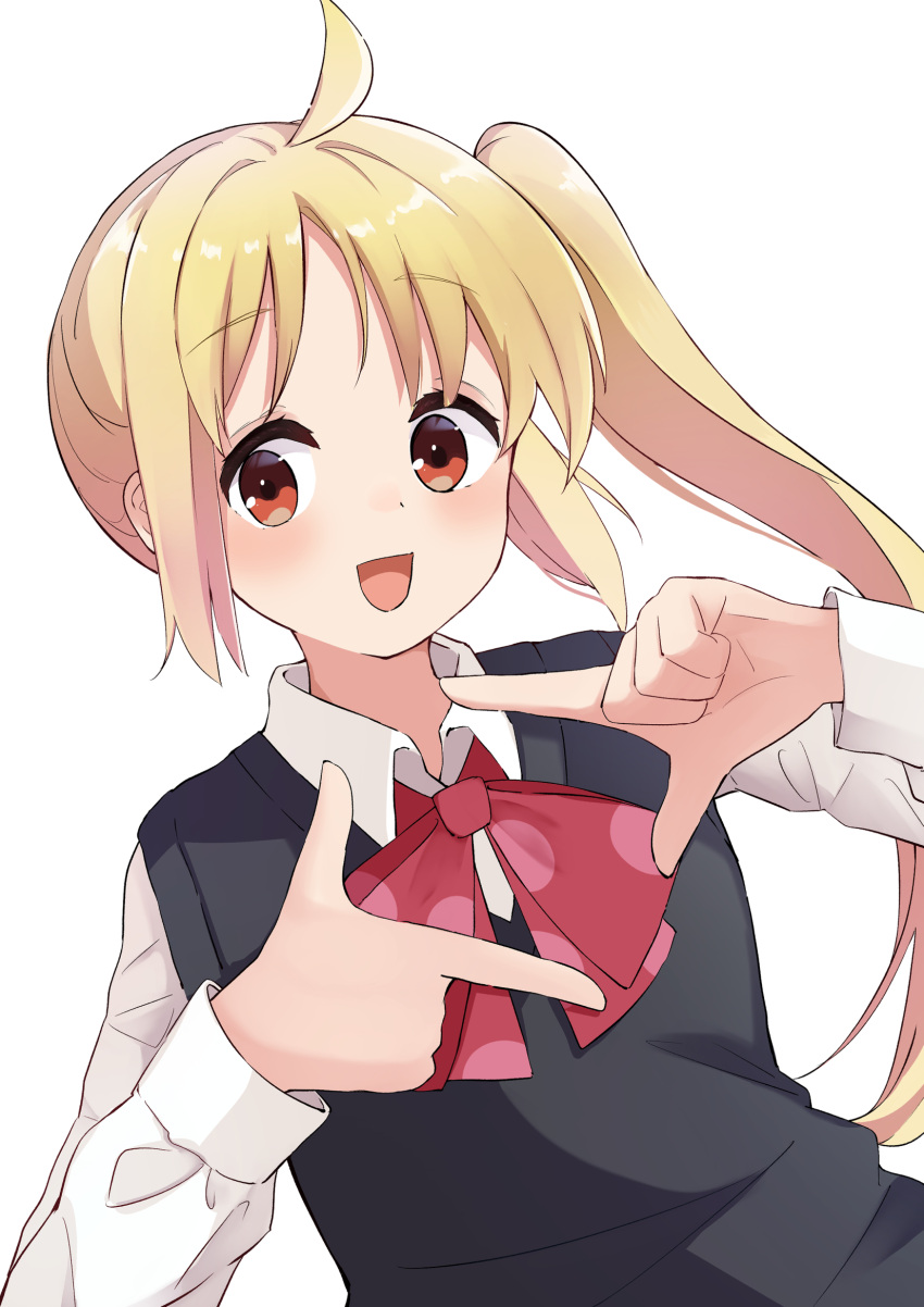 Safebooru - 1girl :d ahoge black sweater vest blonde hair bocchi the rock! bow bowtie finger ...