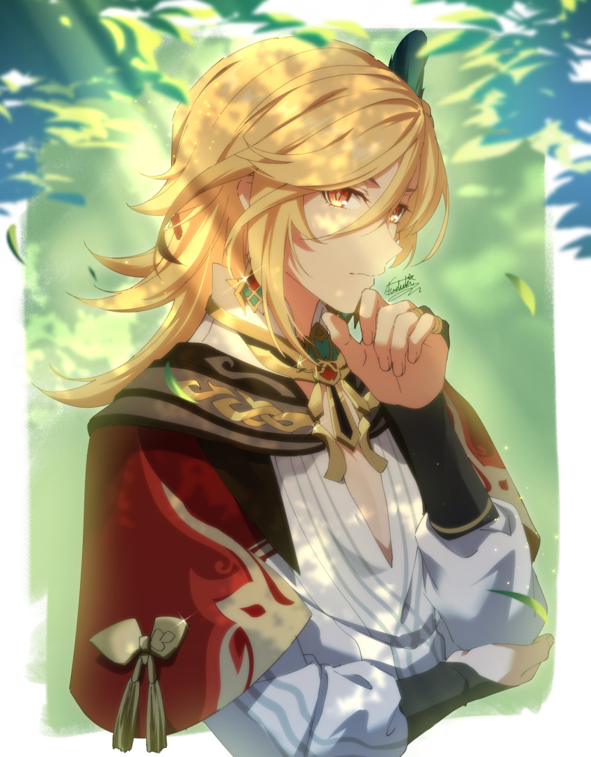 Safebooru - 1boy bangs blonde hair closed mouth earrings feathers fingerless gloves genshin ...