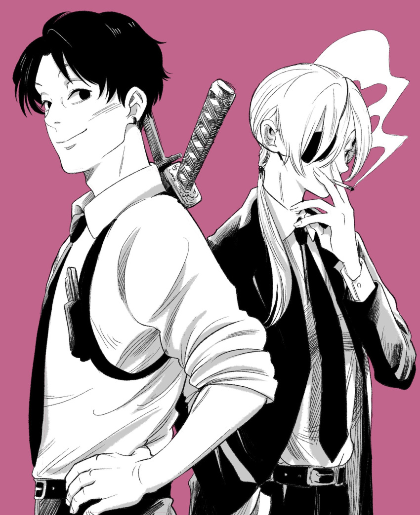 Safebooru - 1boy 1girl black coat black hair black necktie chainsaw man chest belt cigarette ...