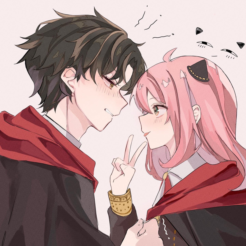 Safebooru - 1boy 1girl :p aged up anya's heh face (meme) anya (spy x family) bangs black hair ...