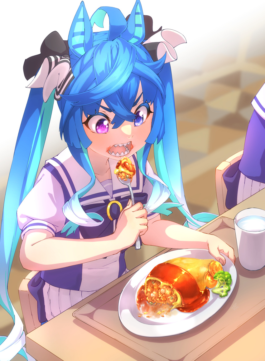 Safebooru - 1girl @ @ absurdres ahoge animal ears aqua hair bangs blue eyes blue hair chair ...