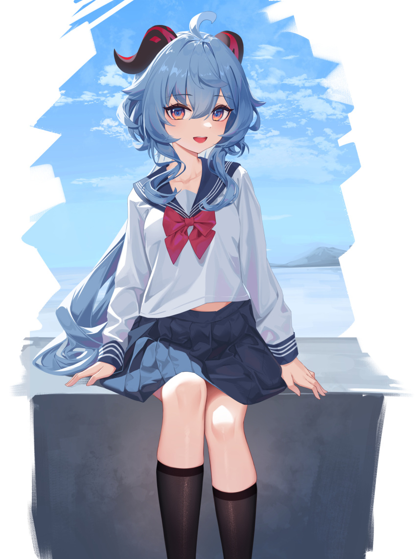 Safebooru - 1girl absurdres ahoge bangs black socks blue hair blue skirt blue sky blush breasts ...