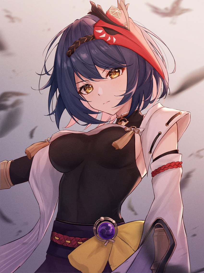 Safebooru - 1girl atychi black bodysuit black sash blue hair bodysuit breasts closed mouth dark ...