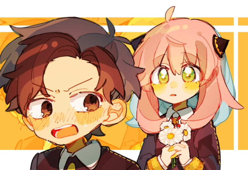 Safebooru - 1boy 1girl ahoge anya (spy x family) bangs blush brown eyes brown hair child damian ...