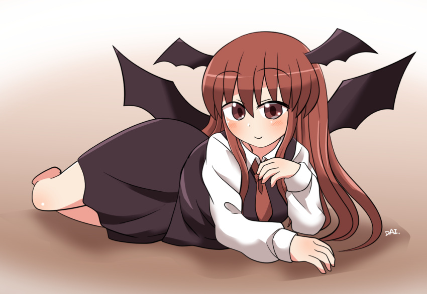 Safebooru - 1girl barefoot black skirt black vest black wings blush closed mouth collared shirt ...