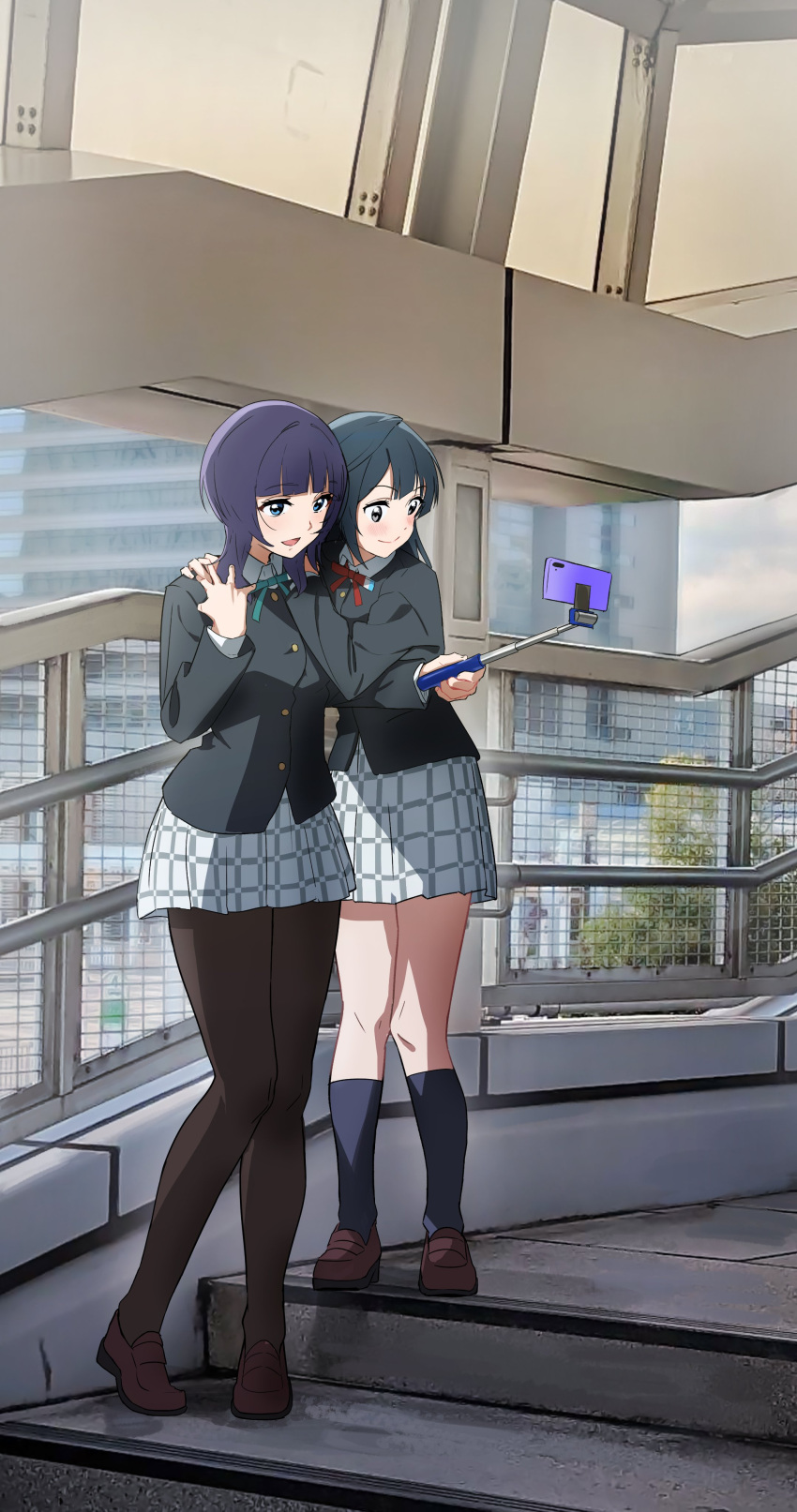 Safebooru - 0364p 2girls absurdres asaka karin black hair blue eyes blue hair brown footwear ...