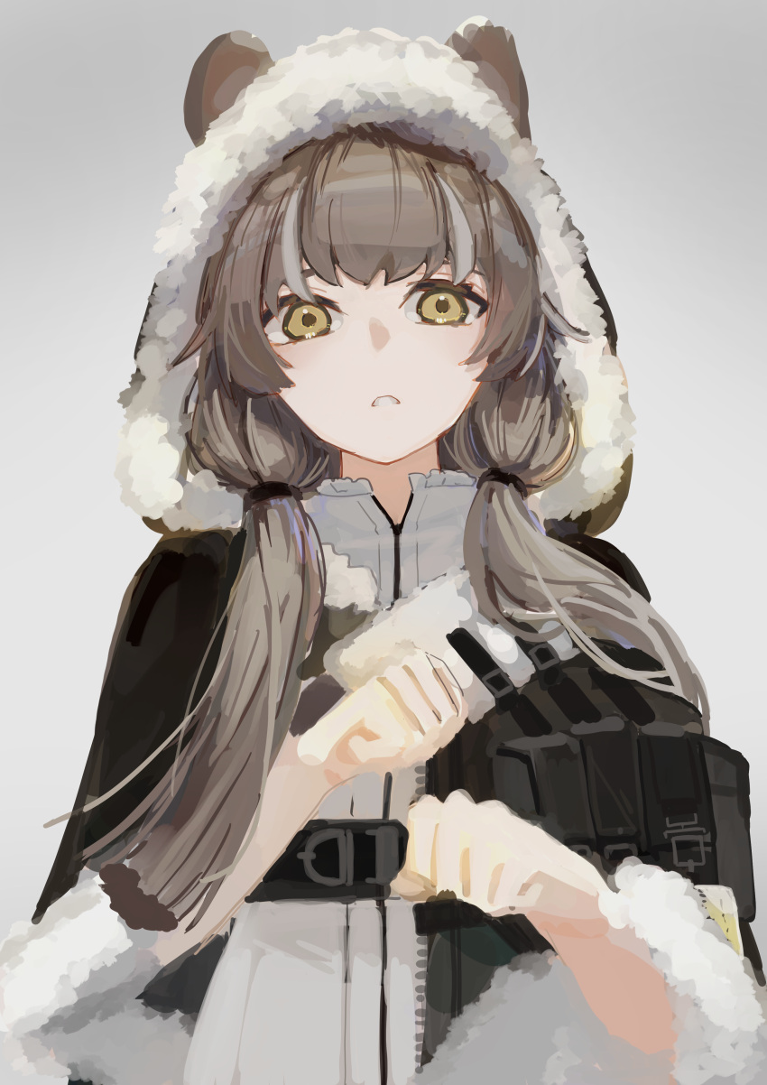 Safebooru - 1girl absurdres arknights bangs black capelet brown eyes brown hair capelet clenched ...