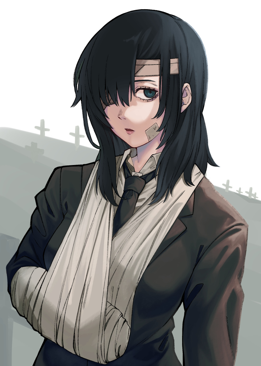 Safebooru - 1girl absurdres bandaged arm bandages black hair chainsaw man formal green eyes ...
