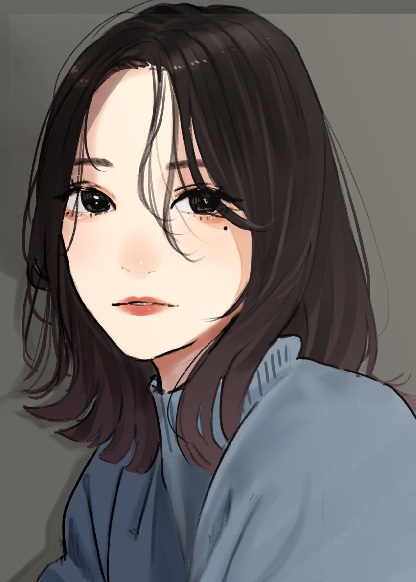 Safebooru 1girl Blue Shirt Bob Cut Brown Eyes Brown Hair Grey 6673