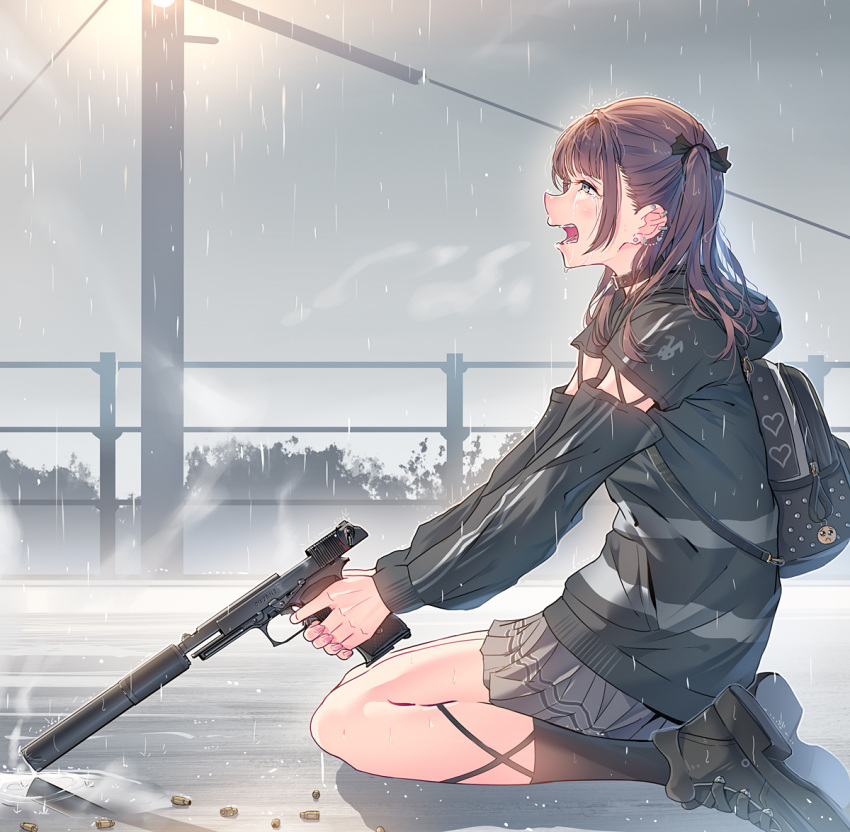 Safebooru - 1girl backpack bag black footwear black hoodie black socks blue eyes brown hair ...