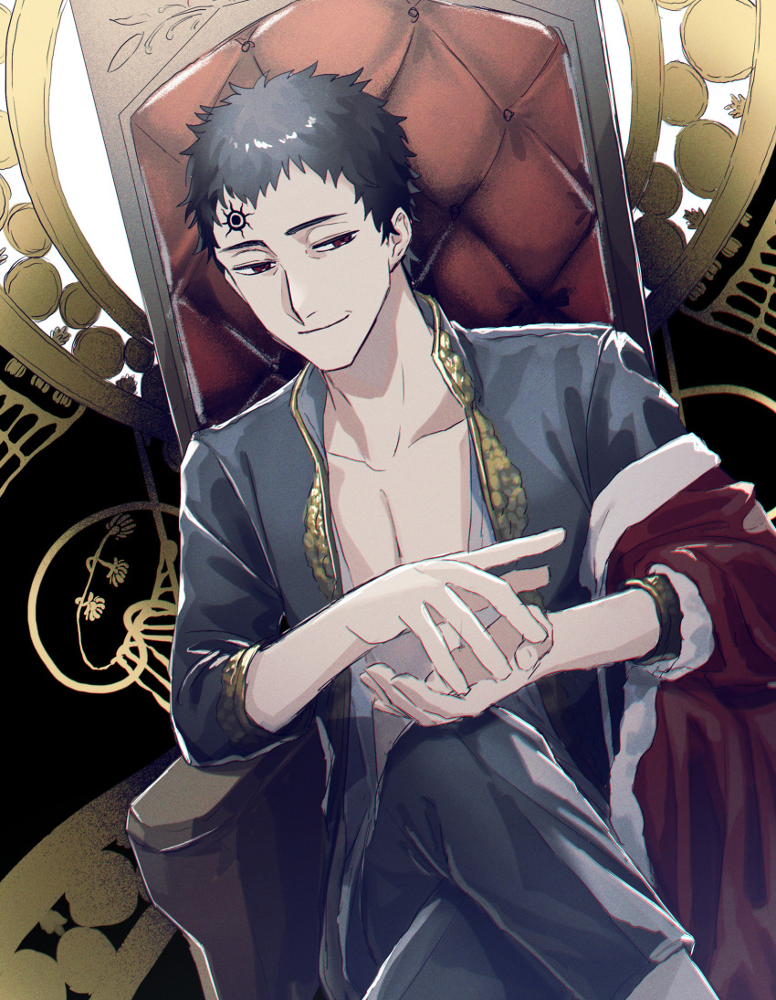 Safebooru - 1boy absurdres black clover black hair black pants black shirt clapping crossed legs ...