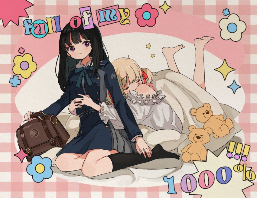 Safebooru - 2girls absurdres bag bangs belt black hair blonde hair blue belt blue dress blush ...
