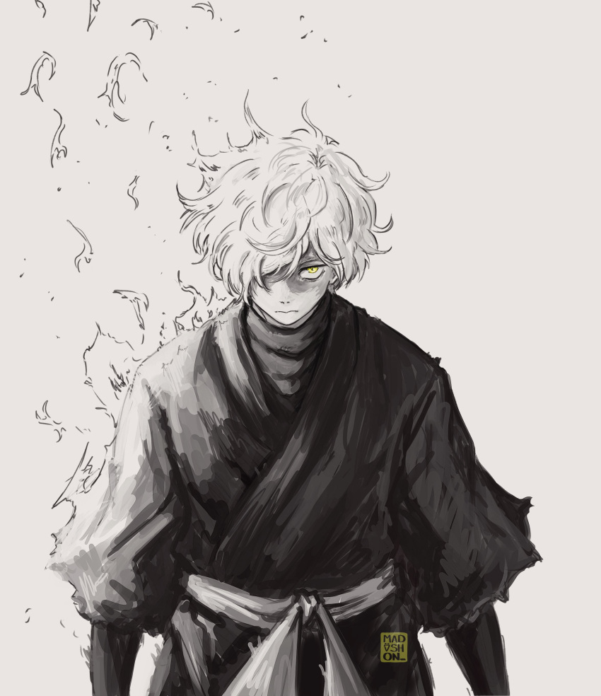 Safebooru - 1boy absurdres black robe burning curly hair gabimaru hair ...