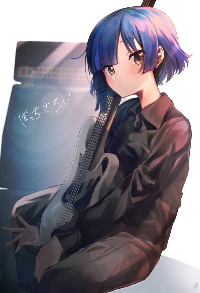 Safebooru - 1girl bangs bass guitar black shirt blue hair blush bocchi the rock! closed mouth ...
