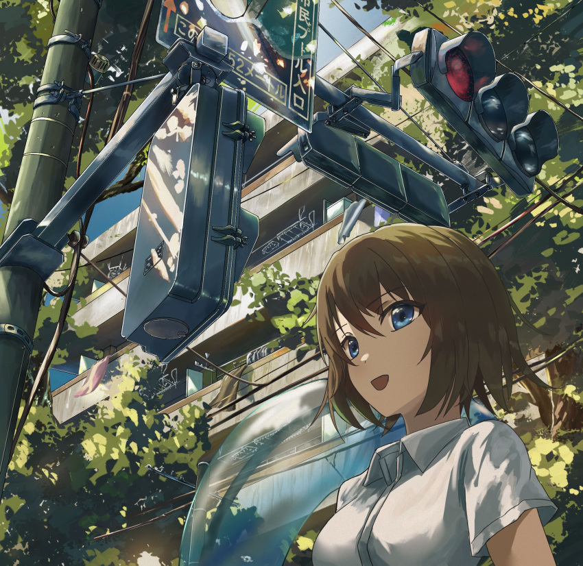 Safebooru - 1girl absurdres bangs blue eyes blue sky brown hair building collared shirt hair ...