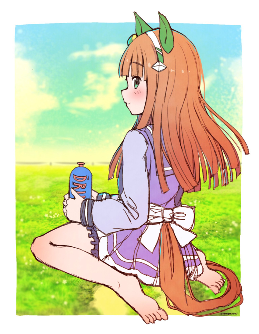 Safebooru - 1girl bangs bare legs barefoot blue eyes blurry blurry background bottle commentary ...
