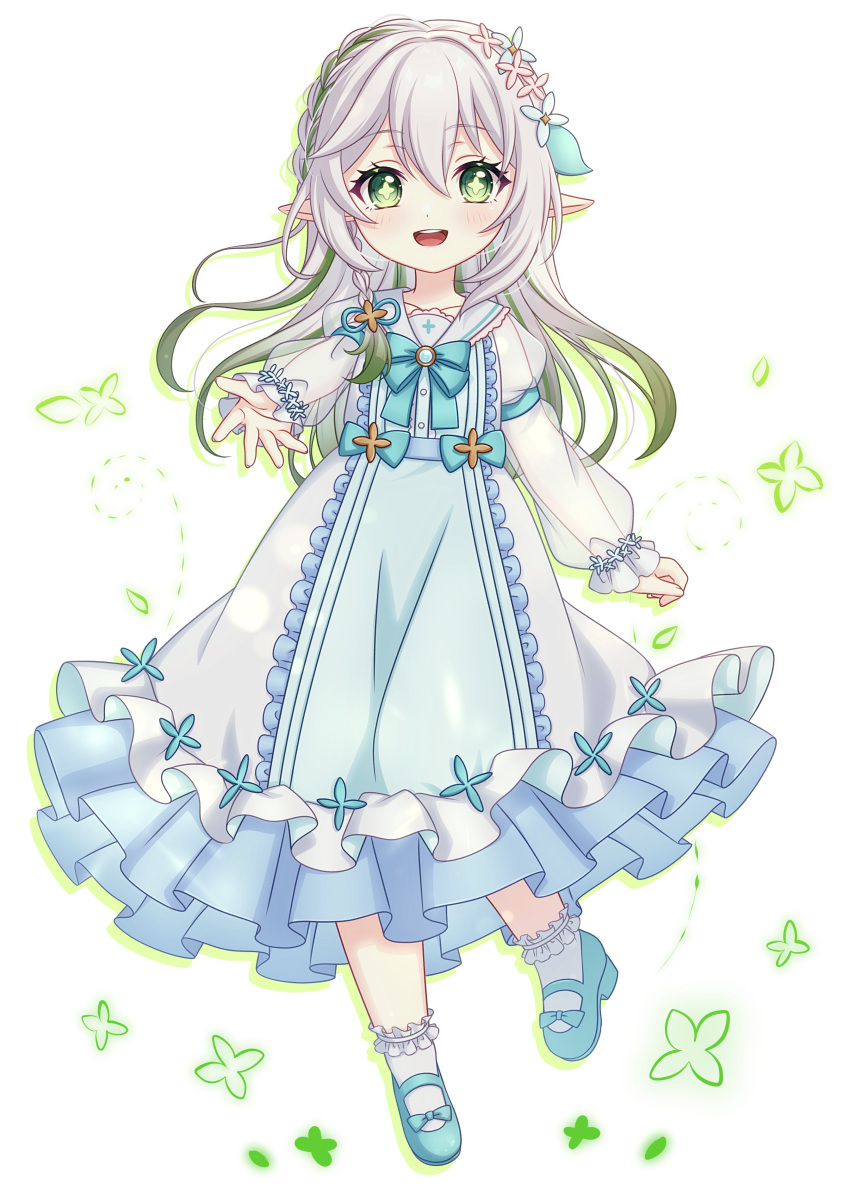 Safebooru - 1girl absurdres blue footwear dress flower genshin impact green eyes grey hair hair ...