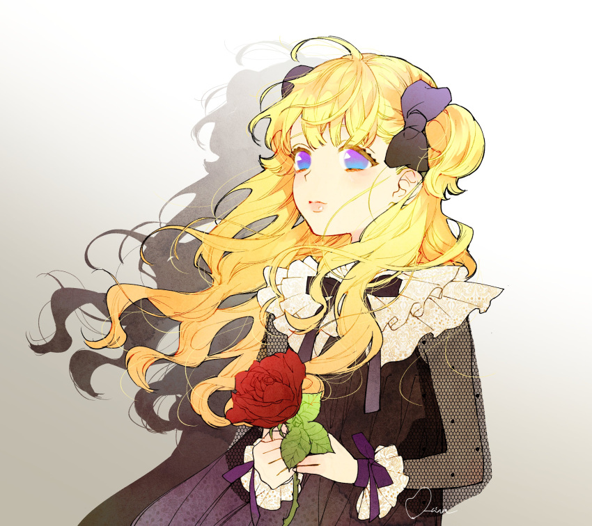 Safebooru - 1girl absurdres bangs black dress blonde hair blue bow blue eyes blunt bangs bow ...