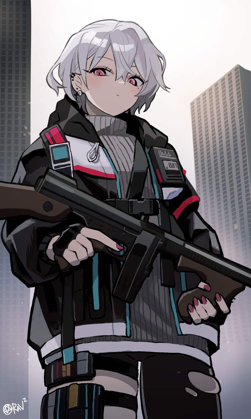 Safebooru - 122pxsheol 1girl absurdres artist logo black gloves black jacket blush building ...