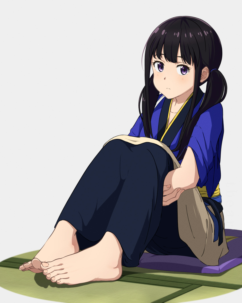 Safebooru - 1girl absurdres bangs barefoot black hair blue kimono closed mouth commentary ...