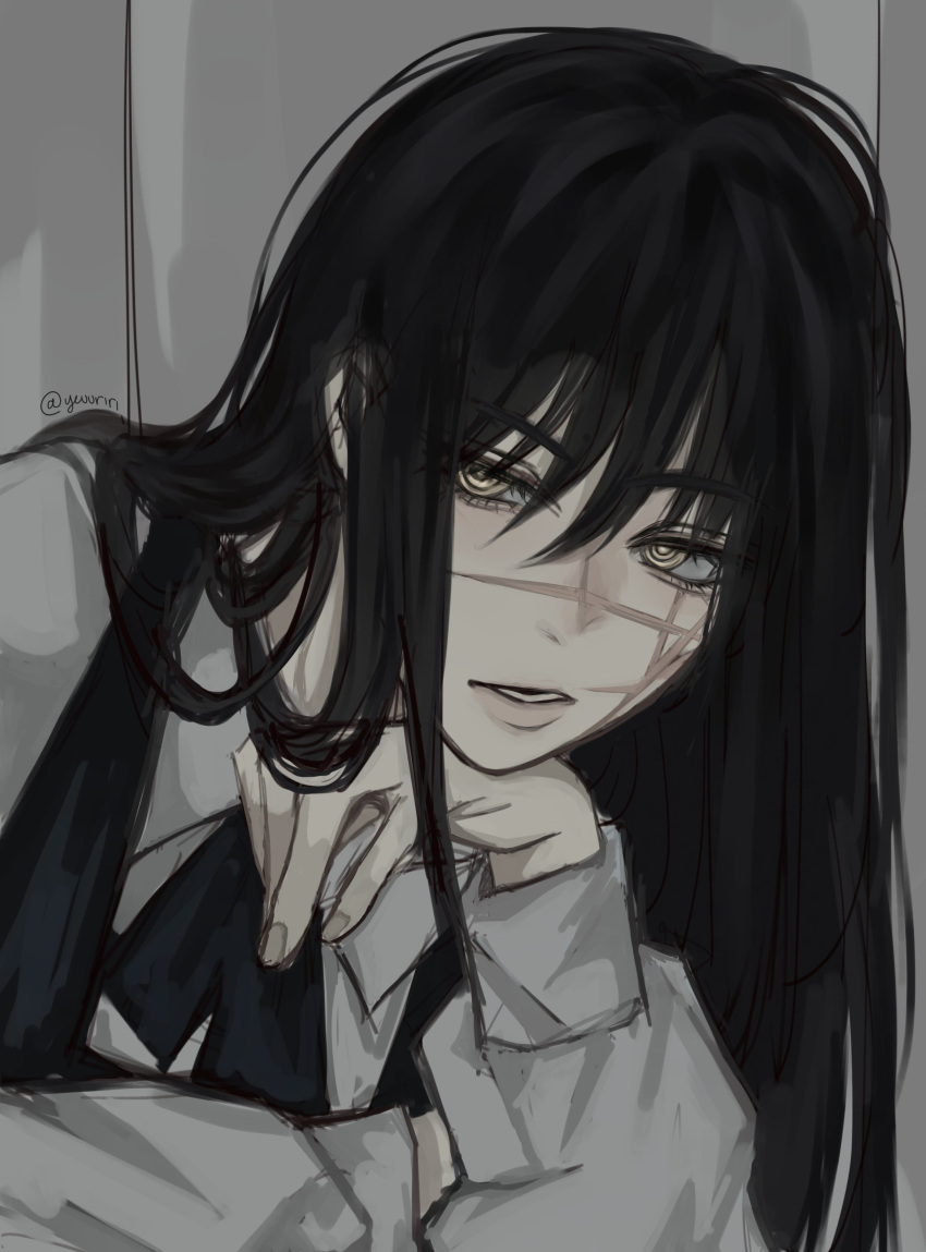 Safebooru - 1girl absurdres black hair chainsaw man collared shirt cross scar dress grey ...