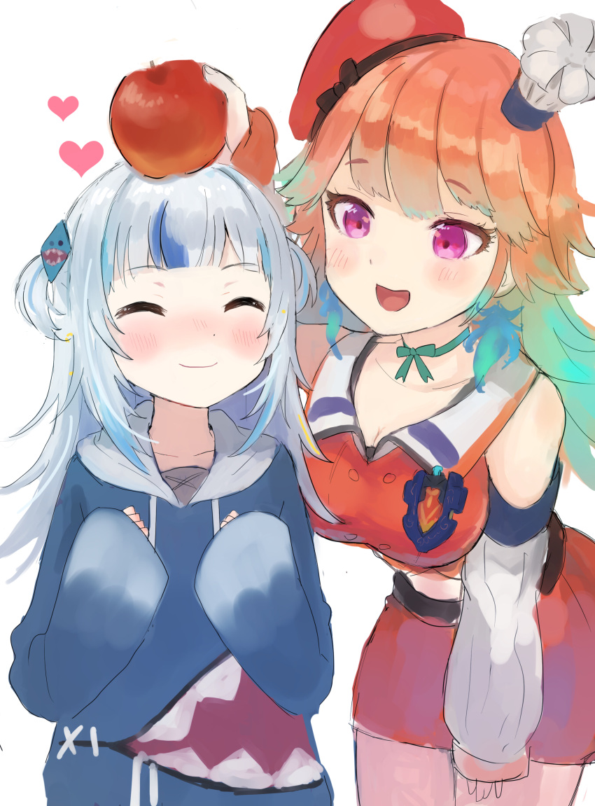Safebooru - 2girls absurdres apple blue hair blue hoodie blush closed eyes feathers food fruit ...